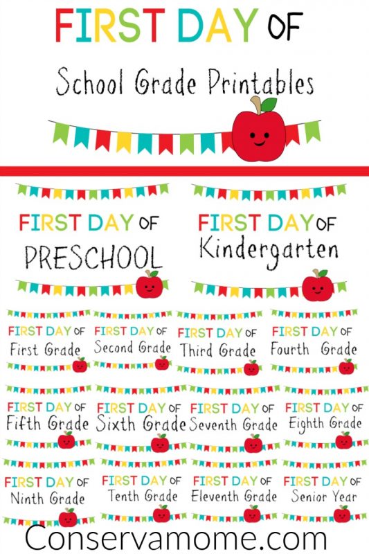 Free Printable First Day of School Signs PreK-12th Grade - ConservaMom