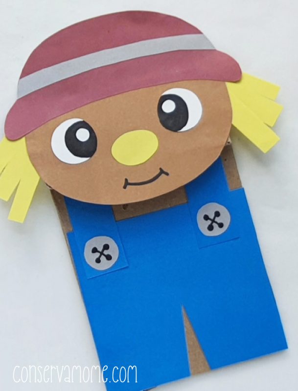 Whimsical Paper Bag Scarecrow puppet craft for Kids