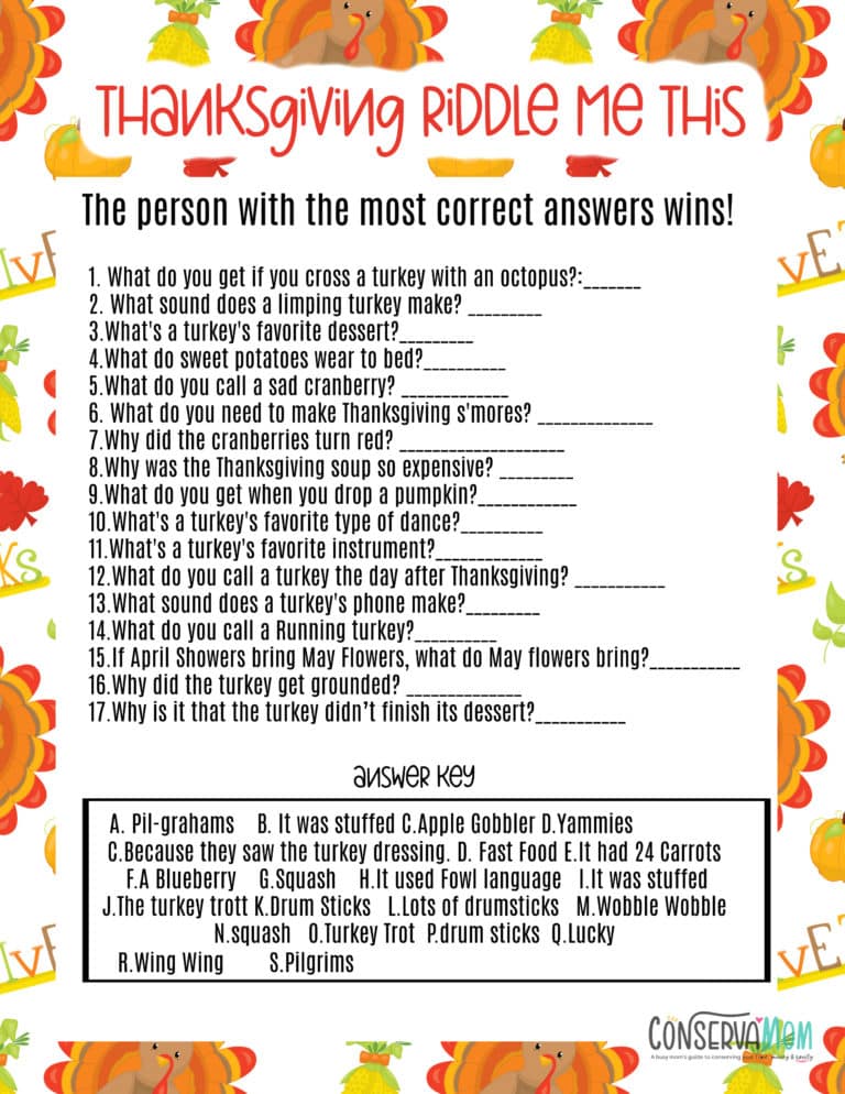 Thanksgiving Riddle Me This Printable - ConservaMom